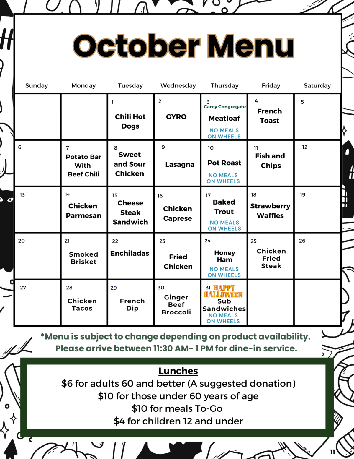 Monthly Lunch Menu – The Senior Connection